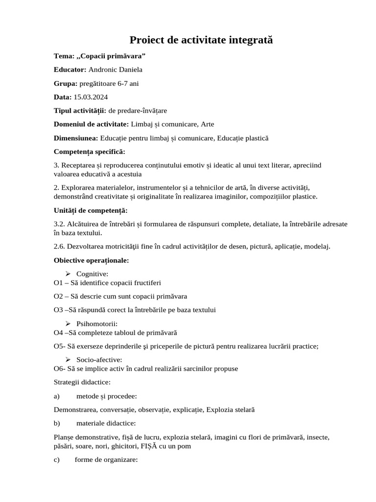 Proiect de Activitate Integrată - Copacii Primavara | PDF