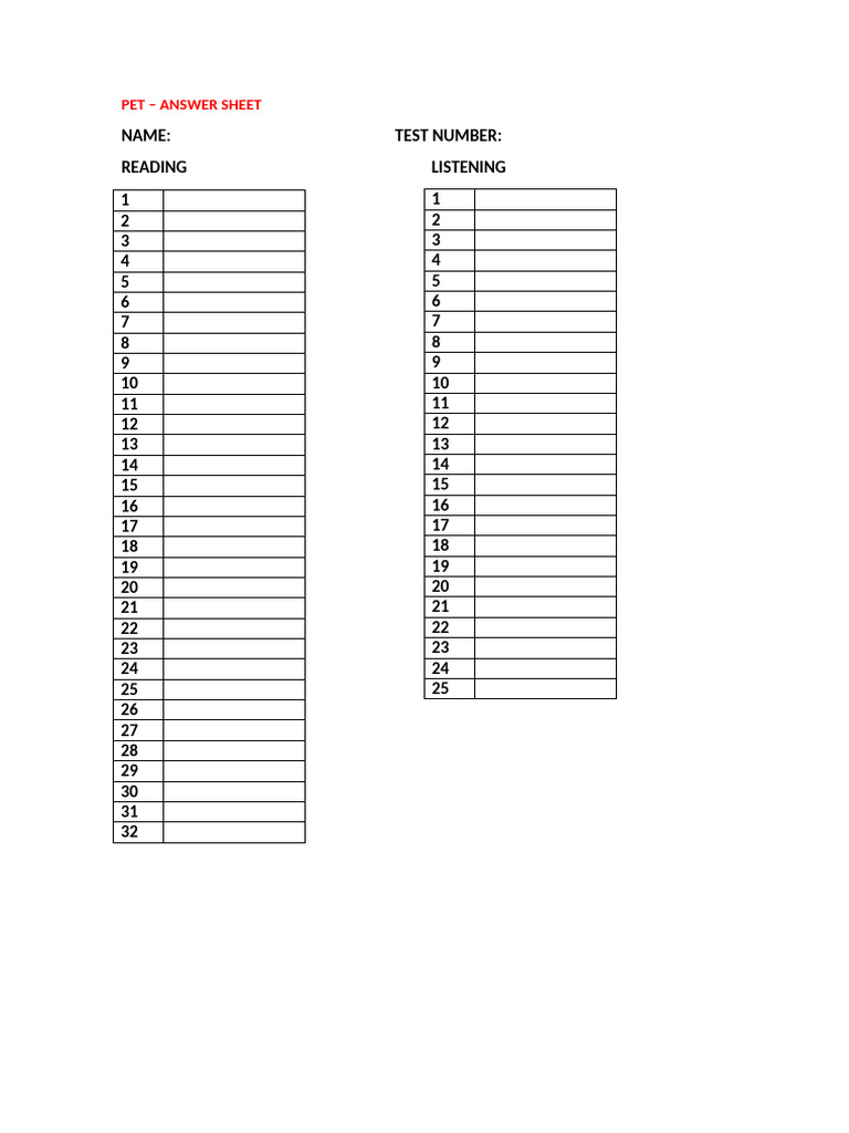 Pet Answer Sheet | PDF