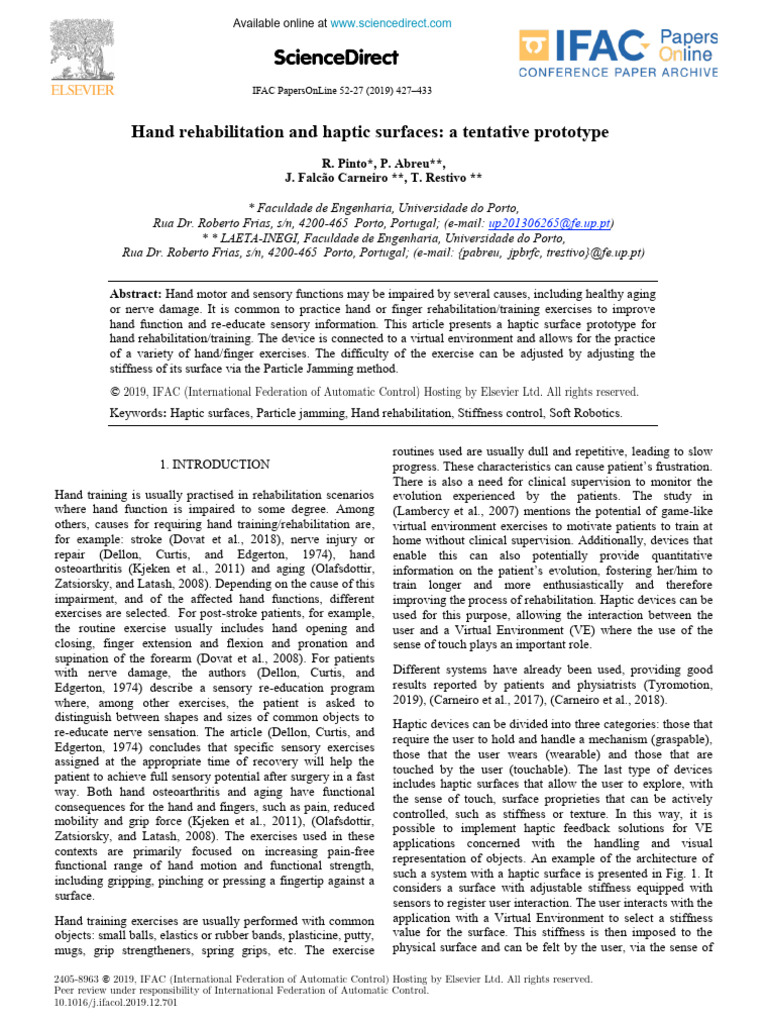 Hand Rehabilitation and Haptic Surfaces A Tentative Prototype | PDF ...
