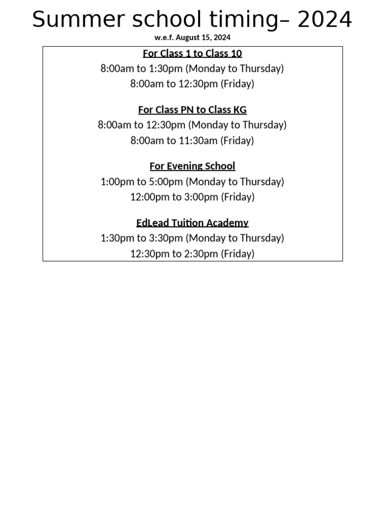 Summer School Timing | PDF