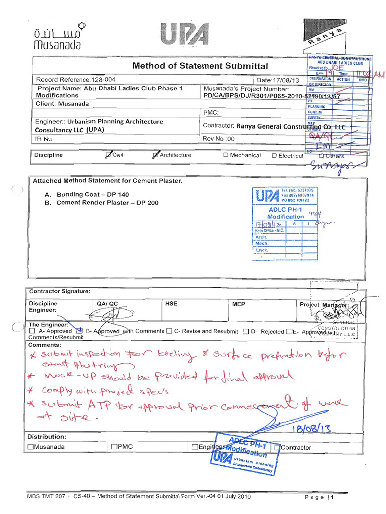 Ref-128-004 Plaster A.Bonding Coat-DP-104. B.Cement Render Plaster-DP 200 Approved With Comments ...