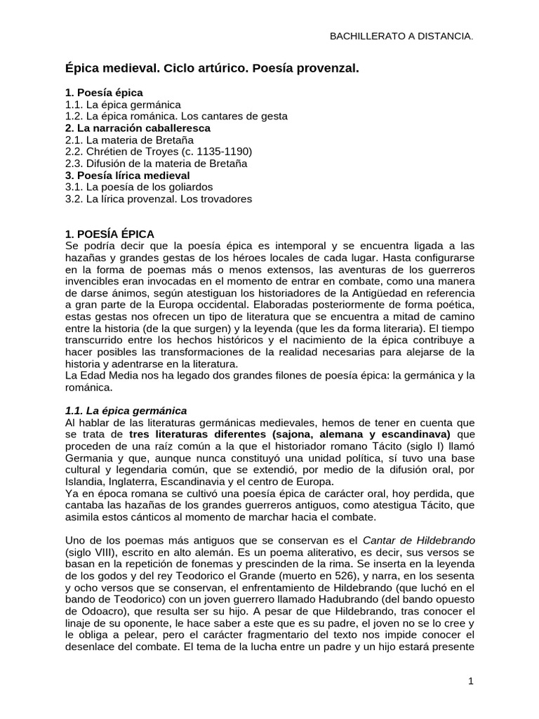 Épica Medieval. Ciclo Artúrico. Poesía Provenzal | PDF