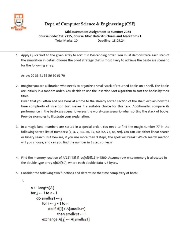 DSA1 Mid Assignment 1 2024 | PDF