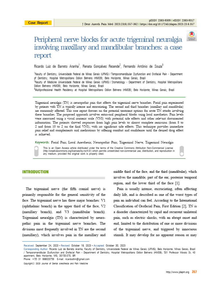 Peripheral Nerve Blocks For Acute Trigeminal Neuralgia JDAPM - Dec2023 ...