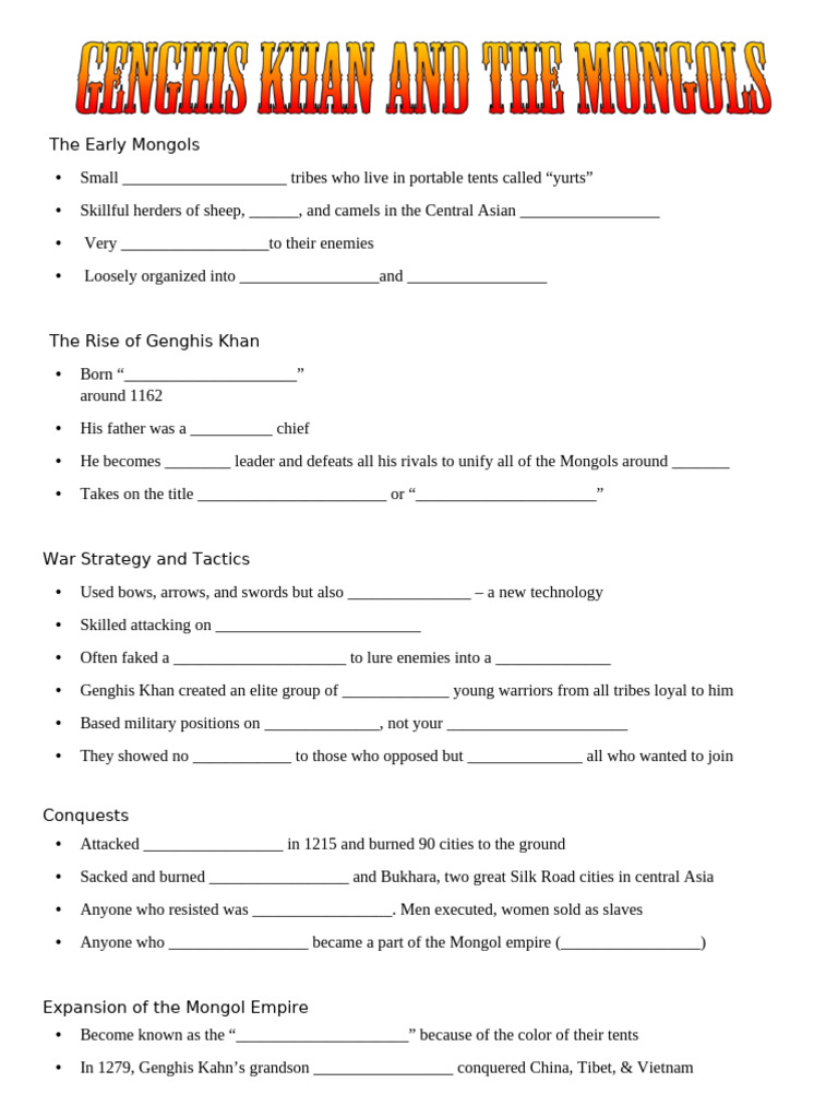 Mongols and Khan Guided Notes Page | PDF