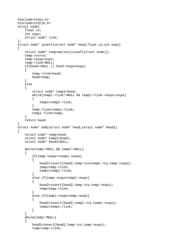 Polynomial Addition Linked List | PDF
