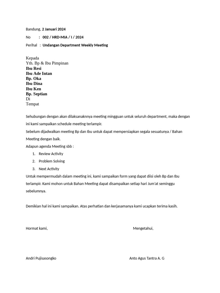 Undangan Department Weekly Meeting | PDF