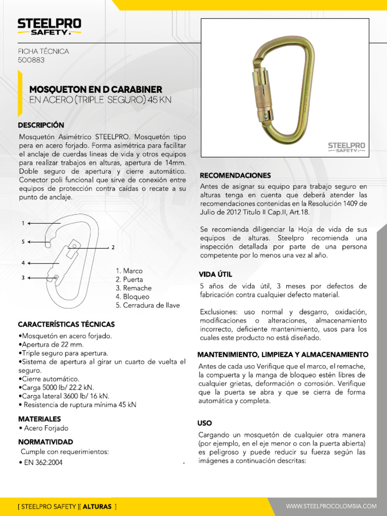 77- 500883 MOSQUETON EN D CARABINER EN ACERO TRIPLE SEGURO 45 kN STEELPRO | PDF