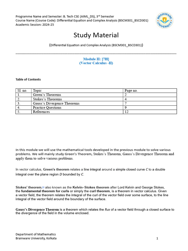 Study Material Module 2 (Vector Calculus II) | PDF