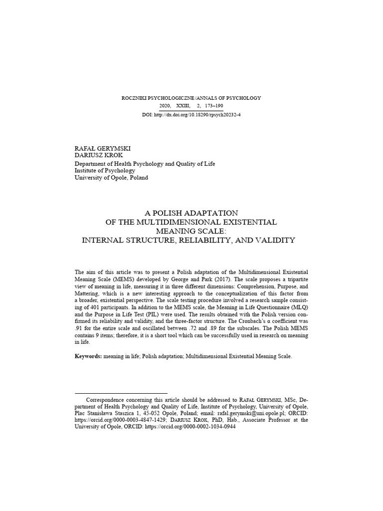 Polish Adaptation of Meaning Scale | PDF | Validity (Statistics ...
