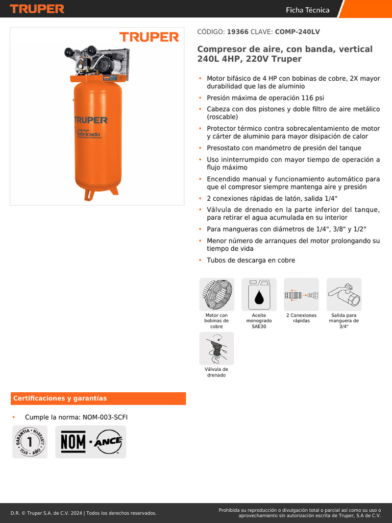 Compresor de Aire, Con Banda, Vertical 240L 4HP, 220V Truper | PDF