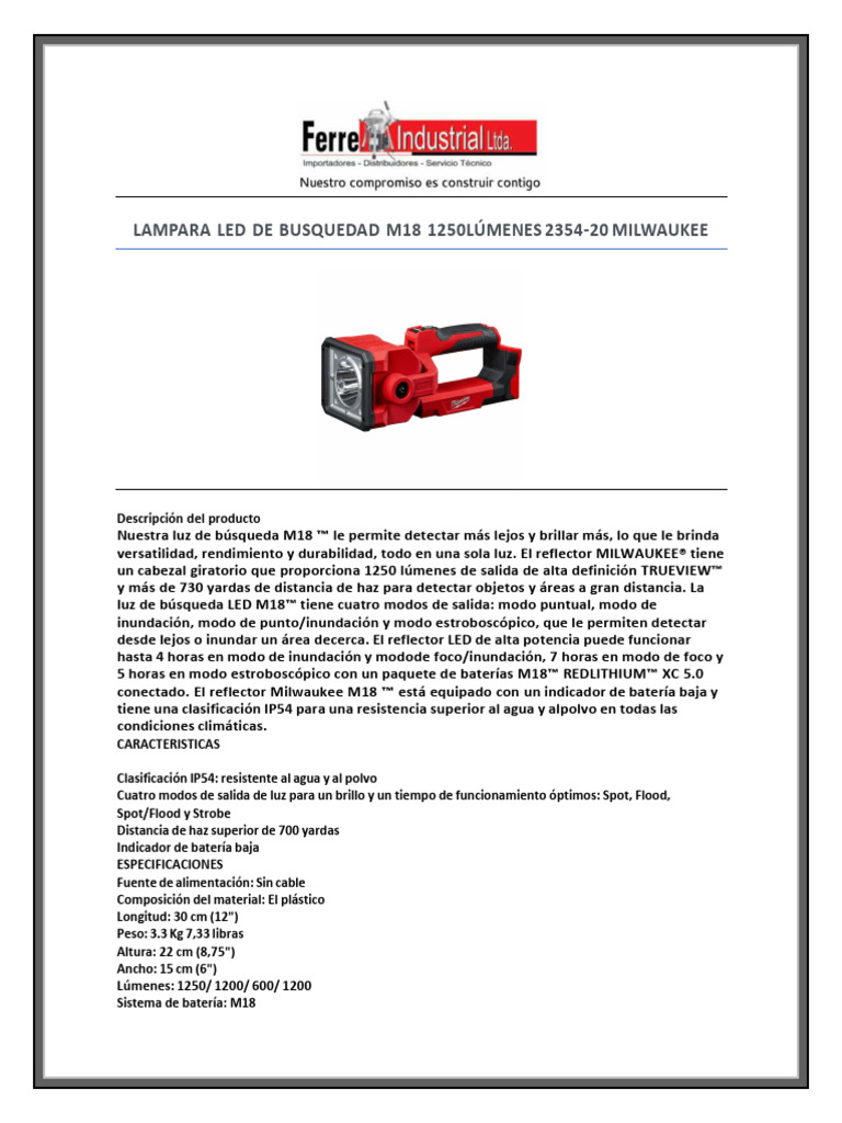 LAMPARA LED M18 1250 LÚMENES 2354-20 MILWAUKEE | PDF