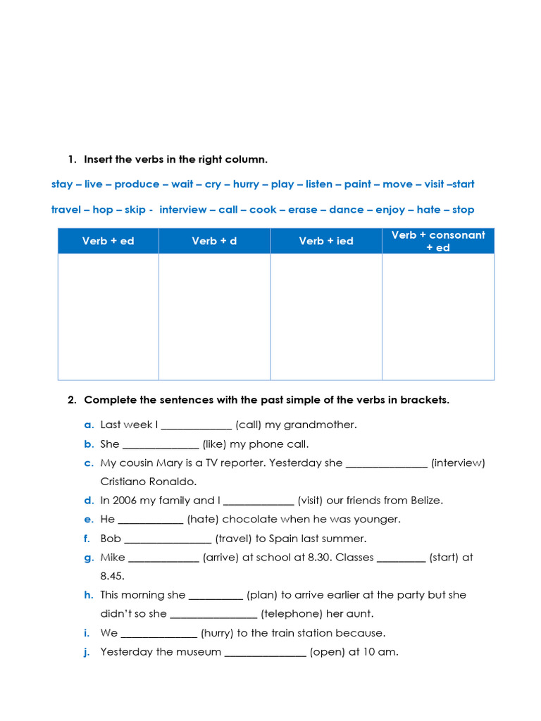 4 4 Ficha de Trabalho Past Simple Regular Verbs 1 | PDF