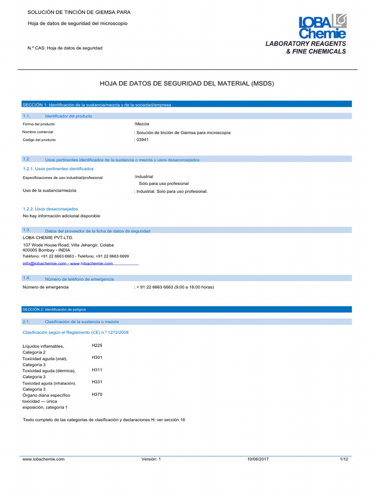 Hoja Deseguridad - Giemsa Solucion | PDF