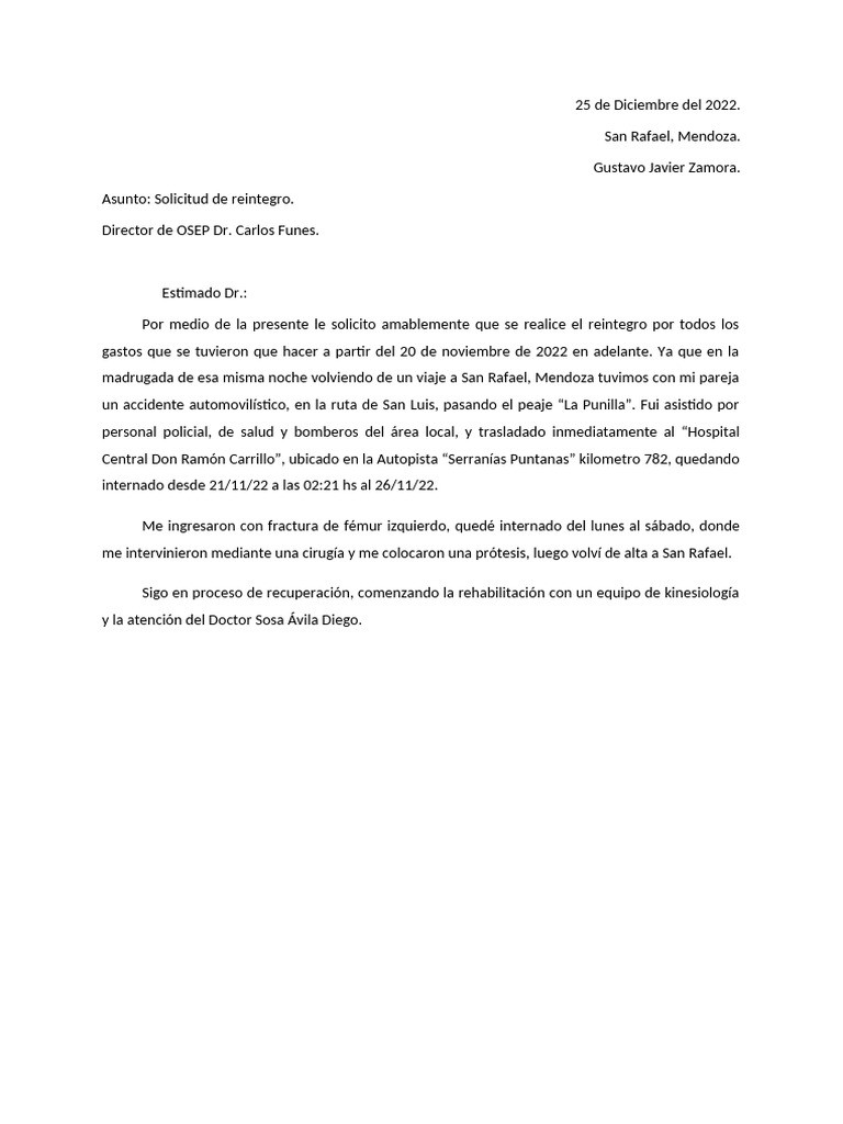 Carta Solicitud de Reintegro | PDF