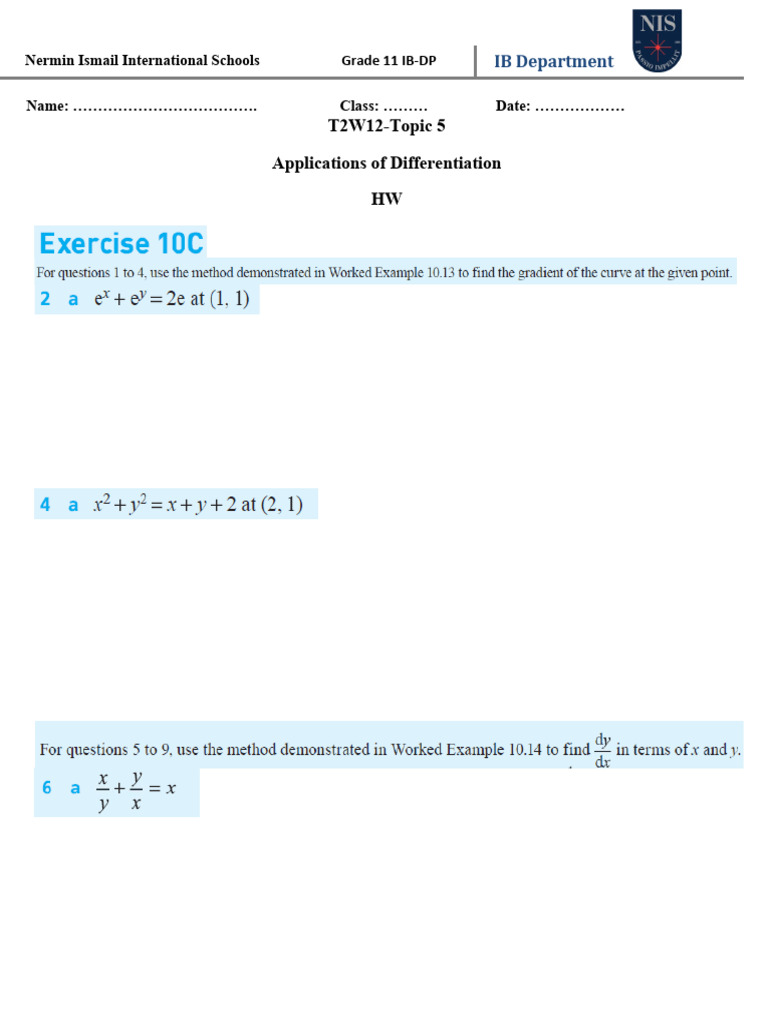 T2W12-H5.14-10C&D&E Applications of Differentiation HW | PDF