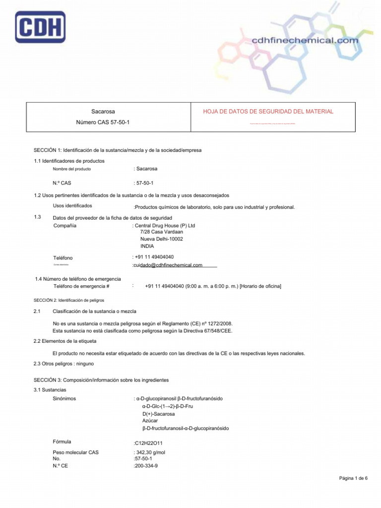 HOJA DE SEGURIDAD - SUCROSE AR (1) | PDF