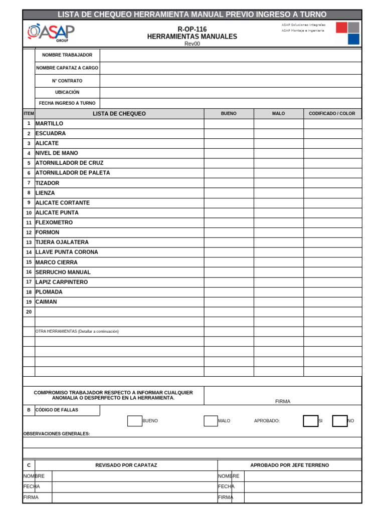Chequeo Inicial Herramientas Manuales | PDF