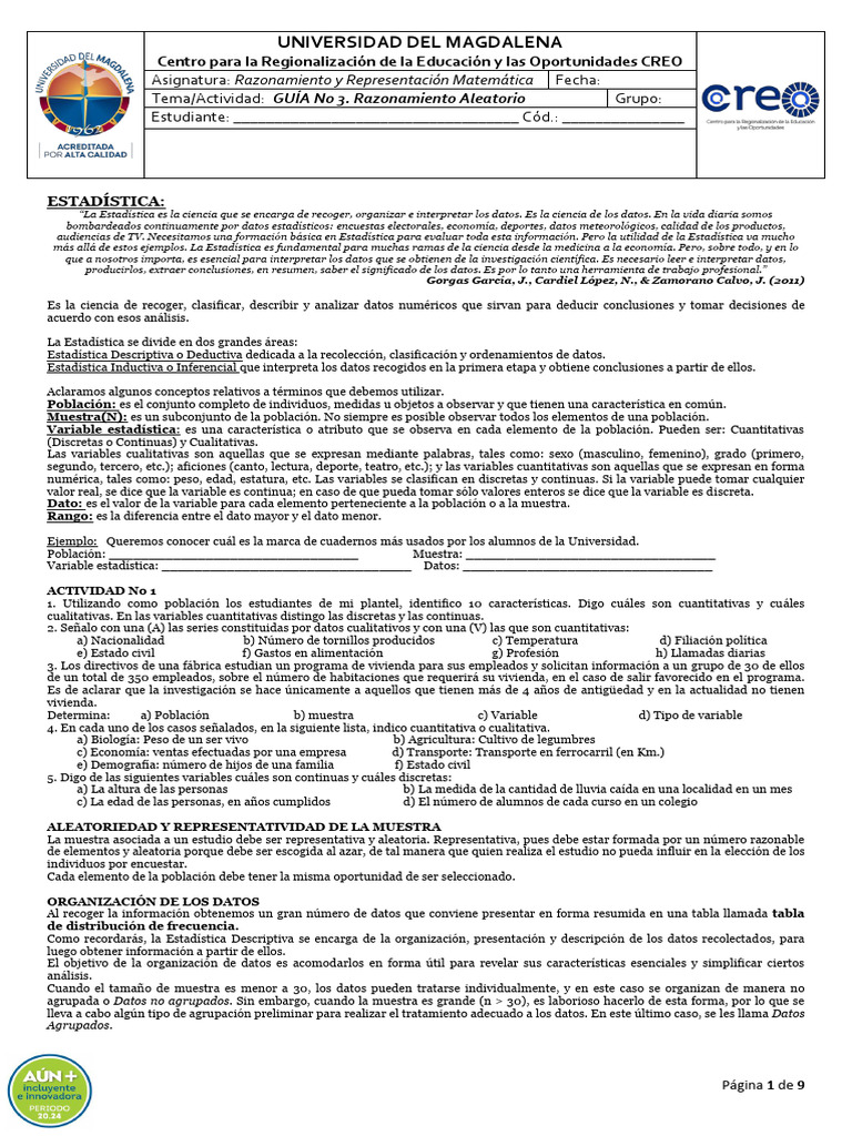 Guía No 3 - Razonamiento Aleatorio | PDF