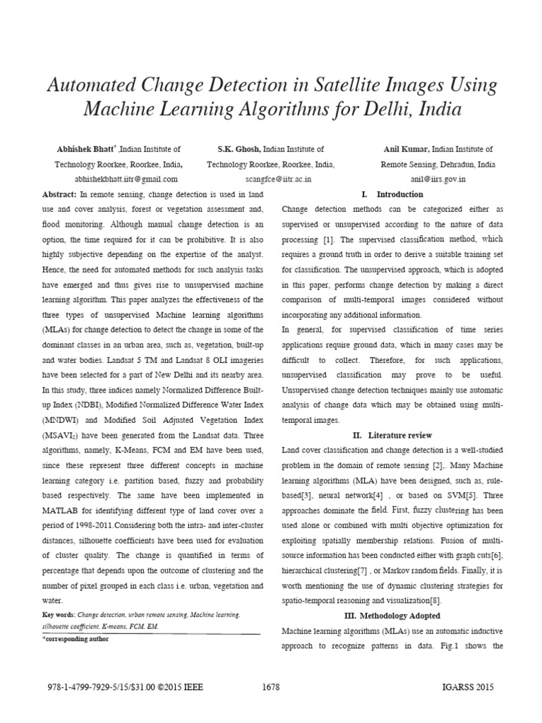 Automated Change Detection in Satellite Images Using Machine Learning Algorithms For Delhi India ...