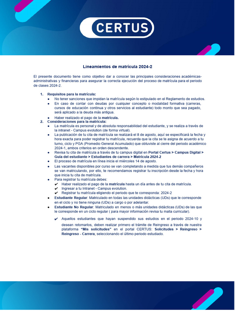 Lineamientos de Matrícula 2024-2 CERTUS | PDF