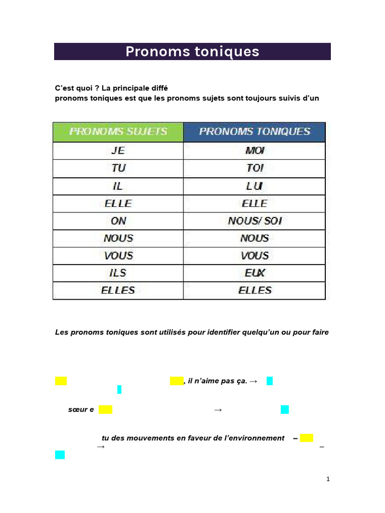 Les Pronoms Toniques | PDF
