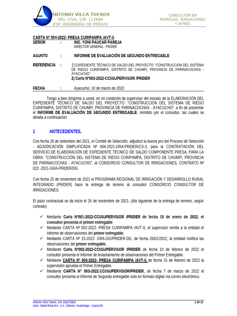 Carta #004-2022. Evaluacion Del 2do Entregable | PDF