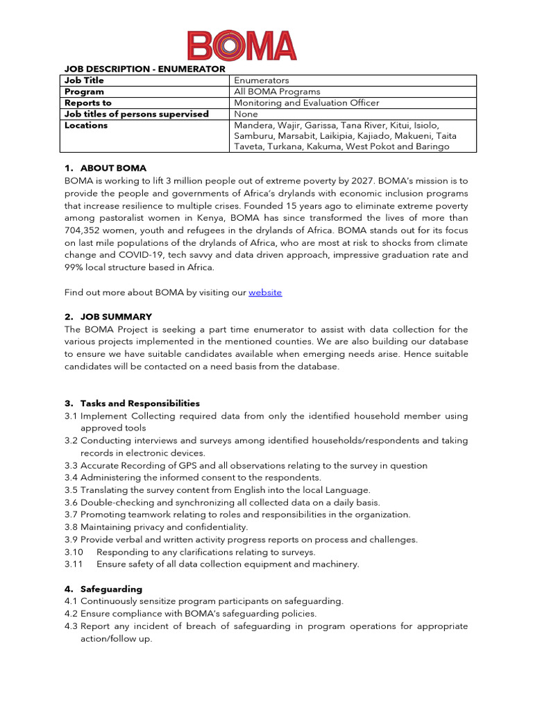 Job Advert - Enumerators - BOMA | PDF