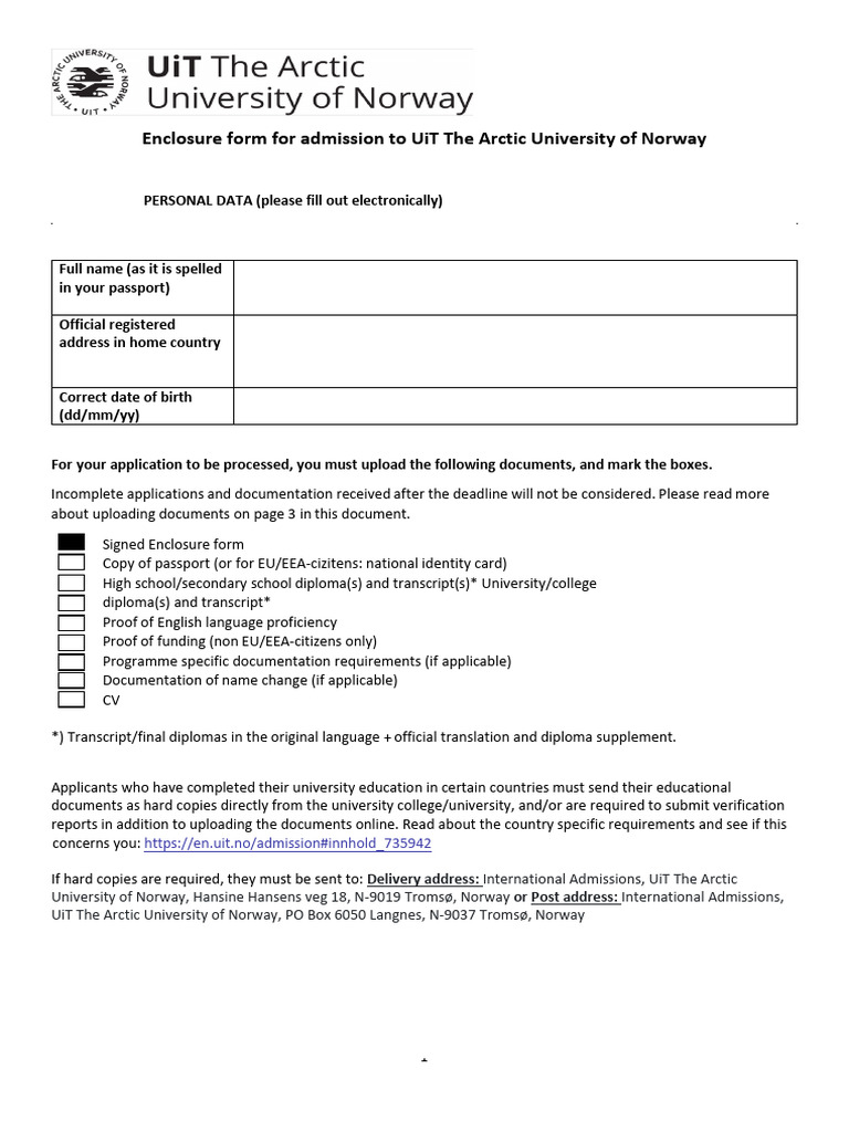 Enclosure Form For Admission To UiT The Arctic University of Norway ...