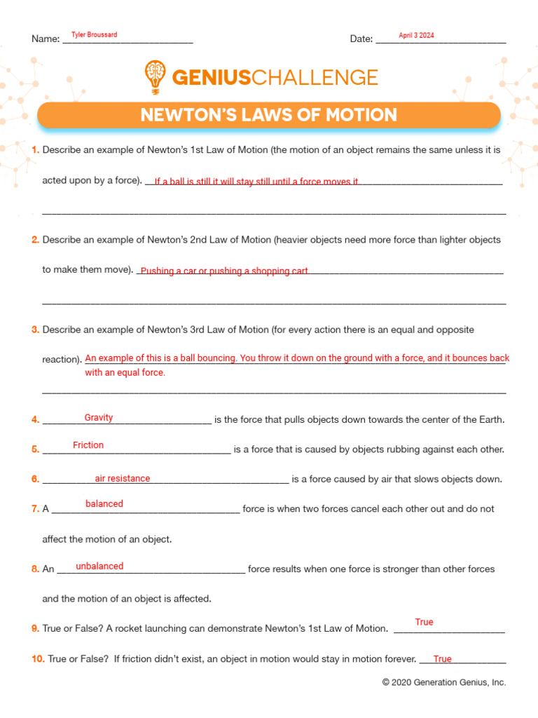 Tyler Broussard - Newton's Law Worksheet | PDF