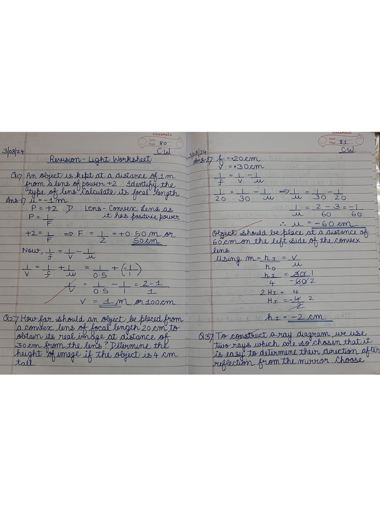 Light Revision Worksheet Class 10 | PDF
