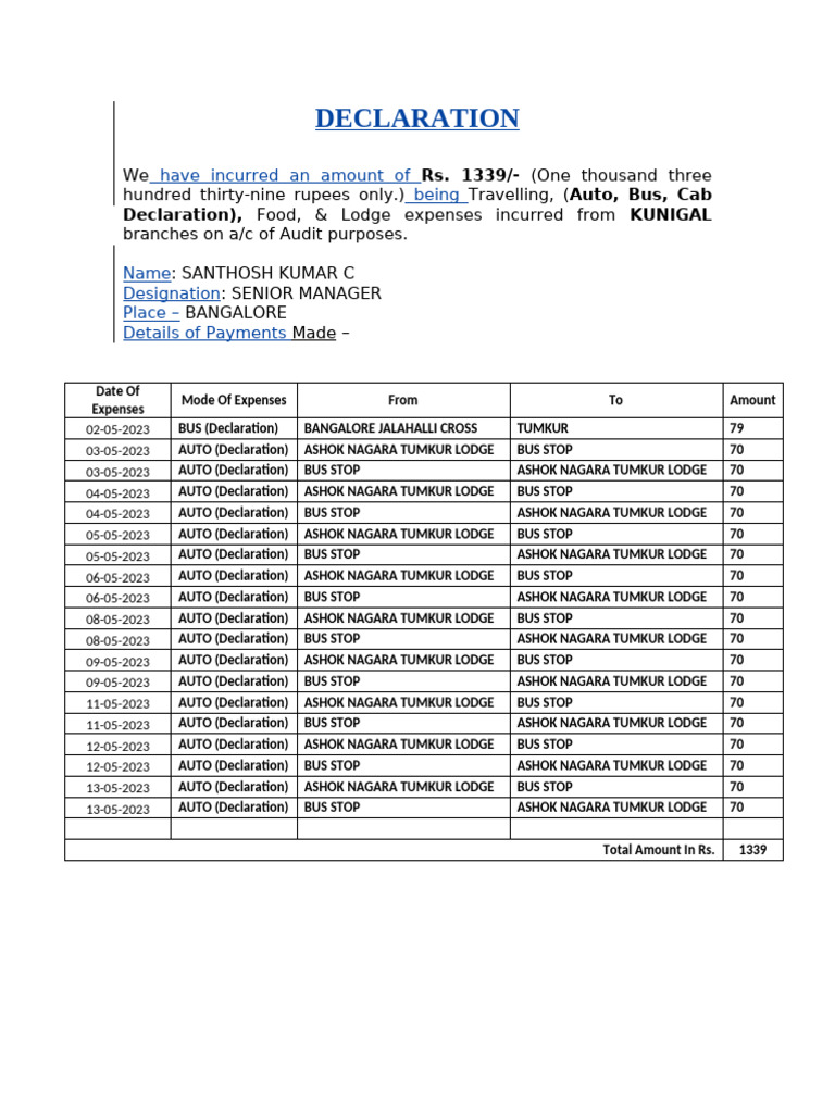 Expense Declaration Format (Outstation) | PDF