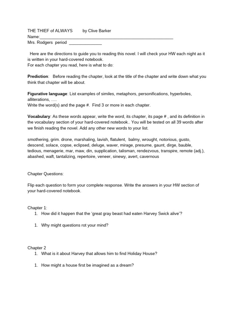Thief of Always Questions - Answers | PDF