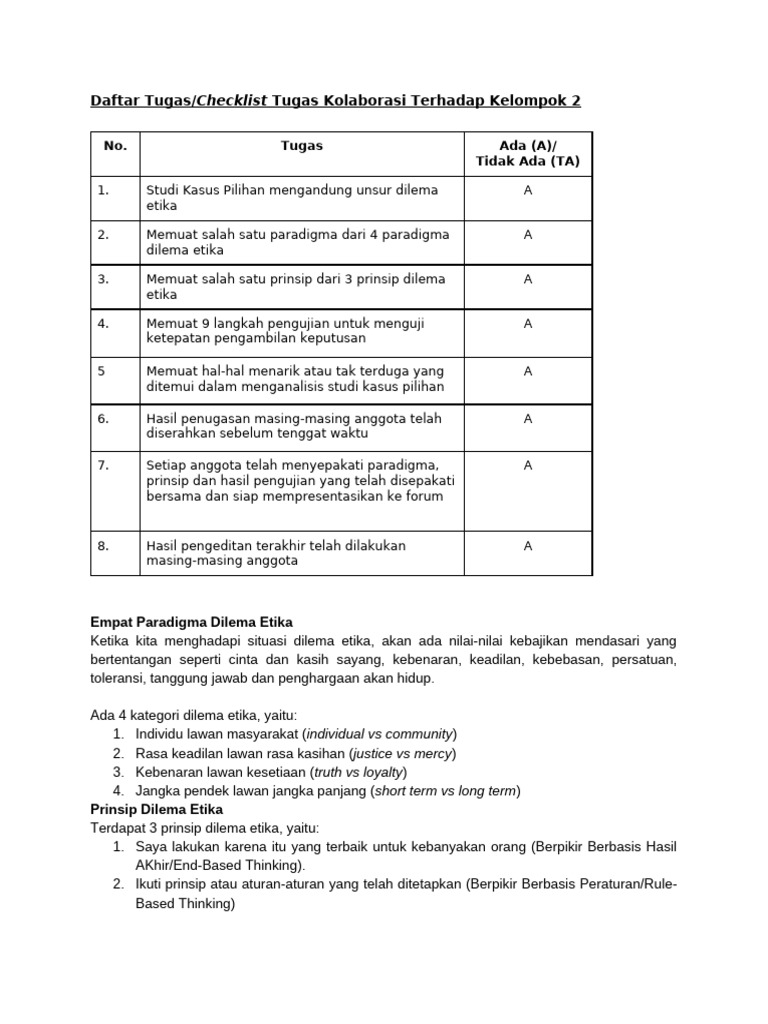 Daftar Tugas_Checklist Tugas Kolaborasi | PDF