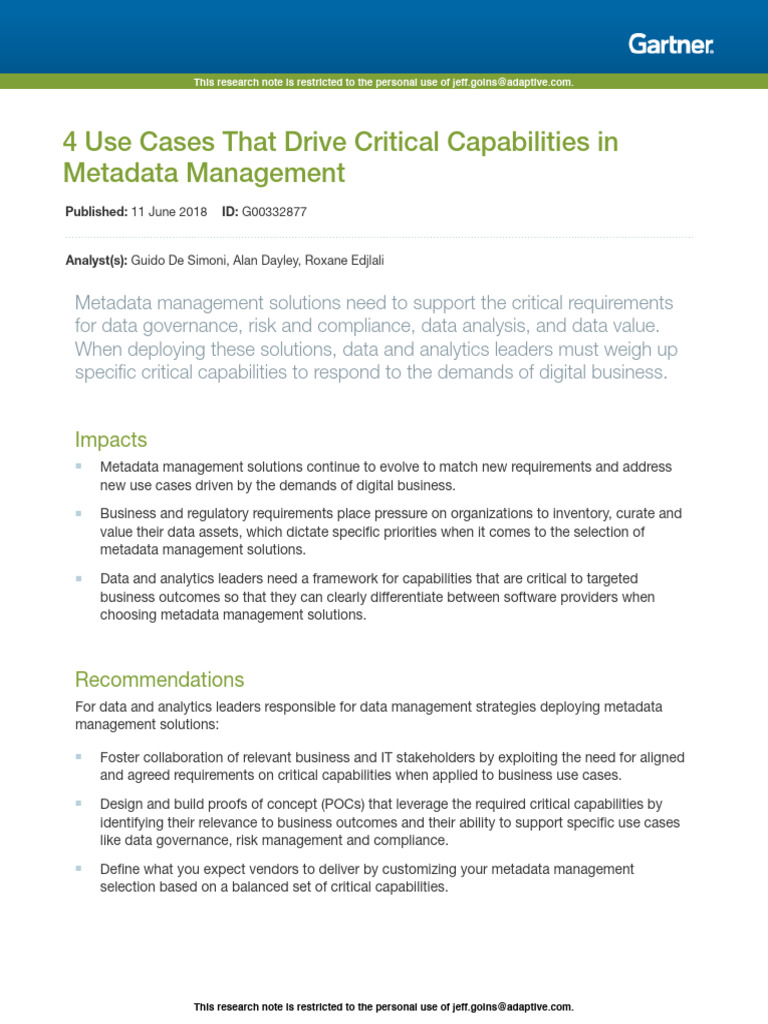 Gartner 4 Use Cases That Drive Critical Capabiltities in Metadata Management 2018 06 | PDF