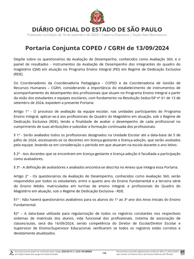 Portaria Conjunta COPED - CGRH de 13-09-2024 | PDF