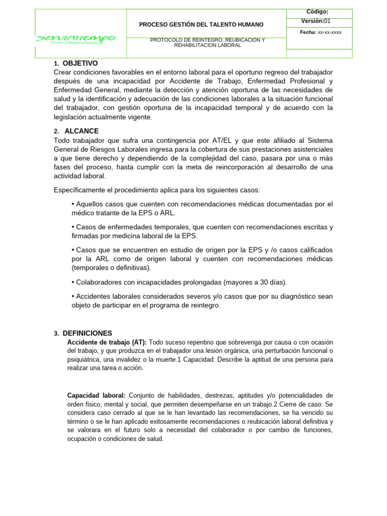 Procedimiento de Reintegro, Reubicacion y Rehabilitación Laboral | PDF