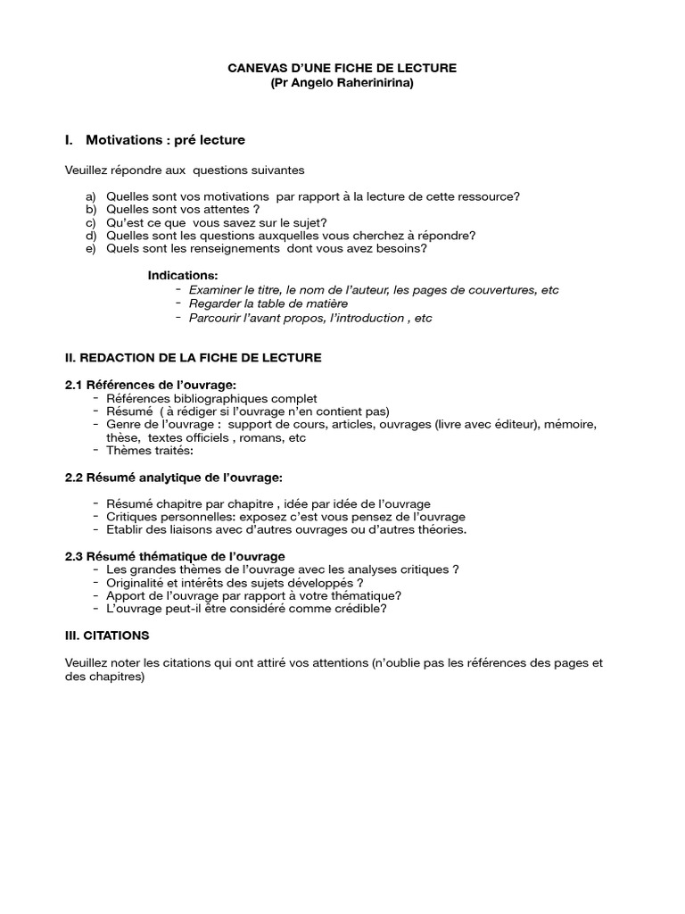 Canevas Fiche de Lecture | PDF