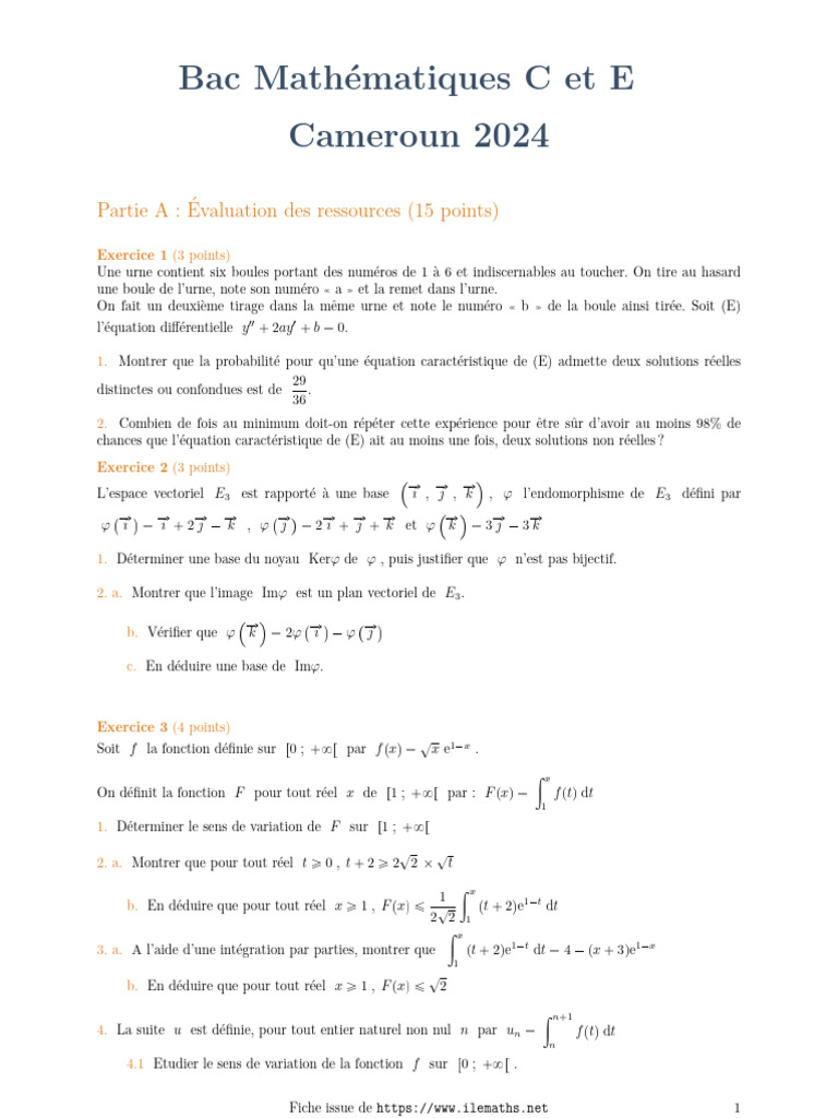 ILEMATHS Maths T-sujet-bac-2024 Cameroun C E-exercices | PDF