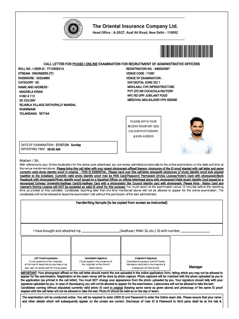Oicl - Admit Card | PDF
