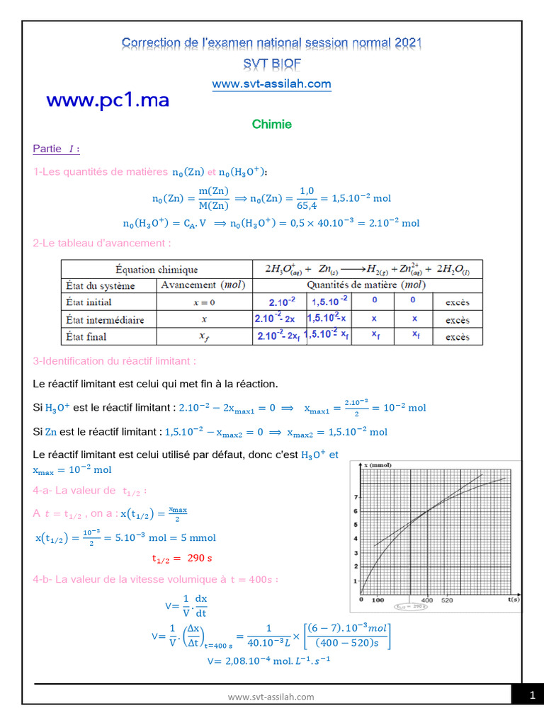 Examen National Physique-Chimie SVT Normal 2021 CORRIGE | PDF