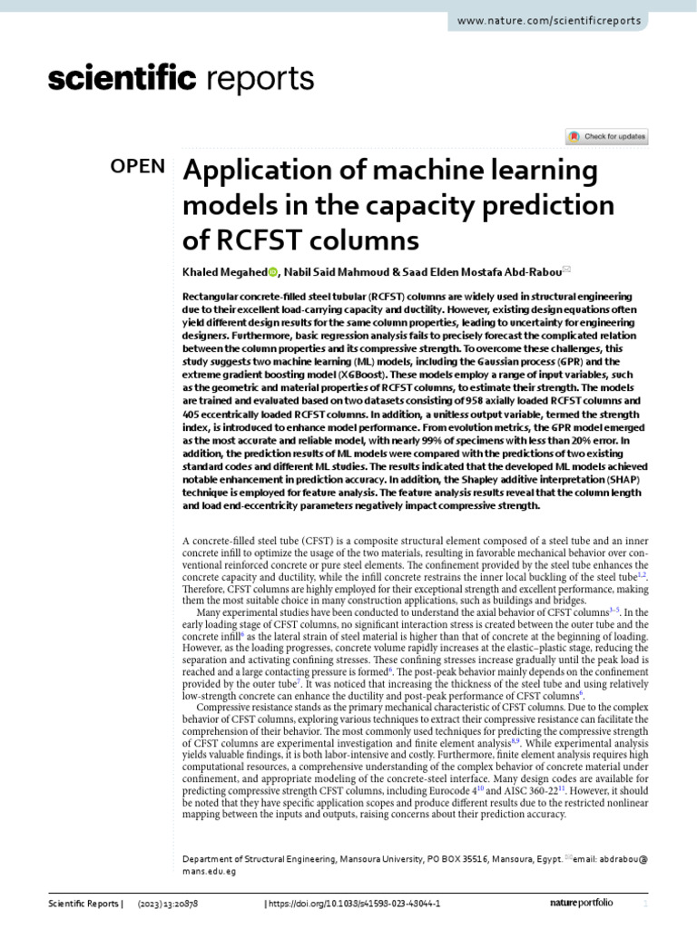 Application of Machine Learning Models in The Capacity Prediction of RCFST Columns 2023 | PDF ...