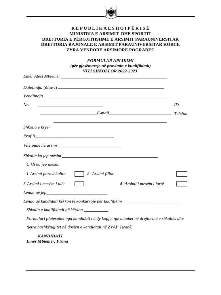Formular Aplikimi | PDF