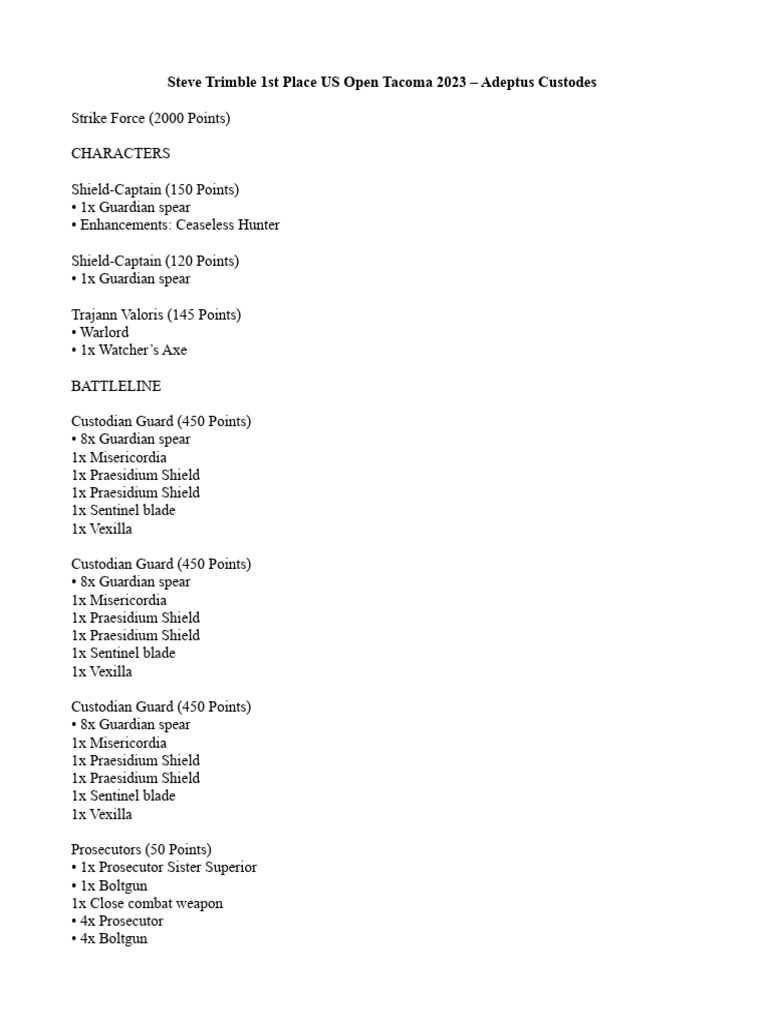 Steve Trimble 1st Place US Open Tacoma 2023 – Adeptus Custodes | PDF