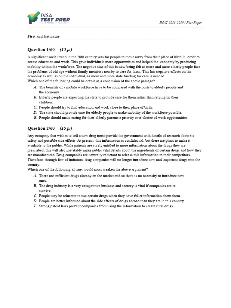 IMAT 2013-2014 - Past Paper - Questions | PDF