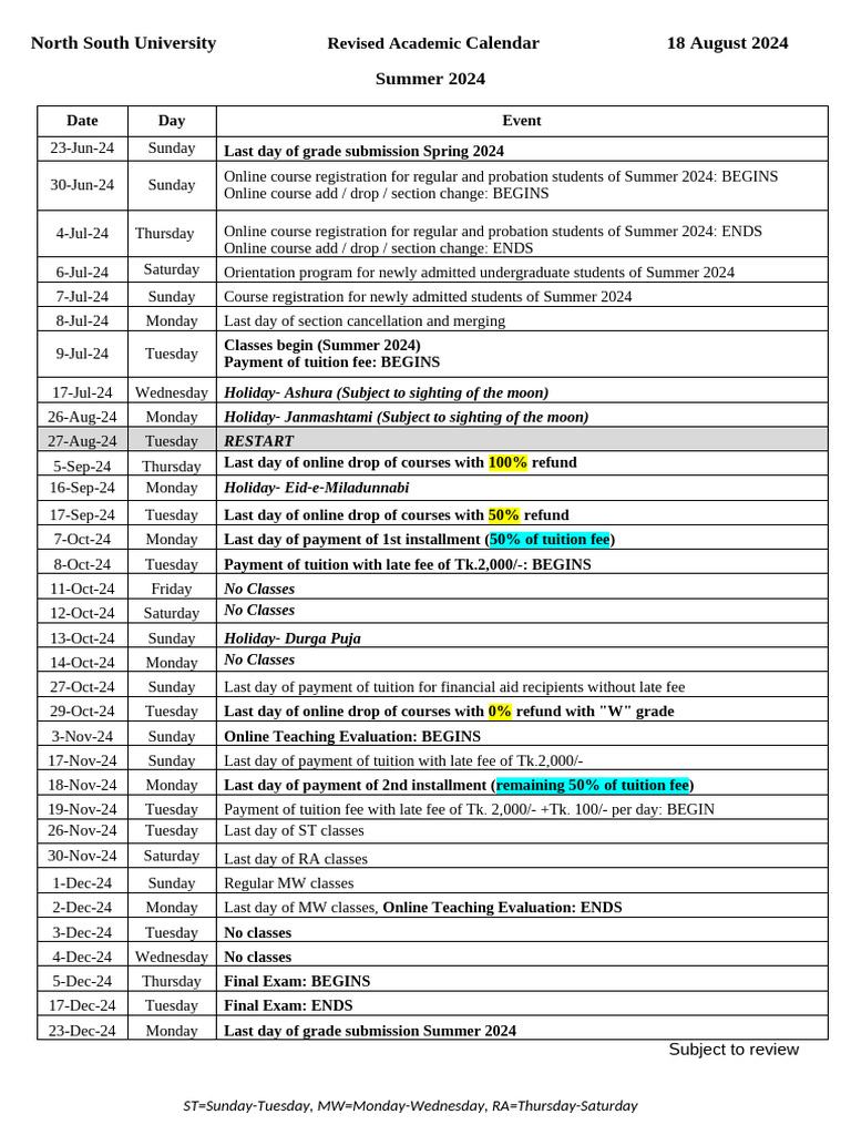 Revised Academic Calendar Summer 2024 Begin 27 Aug 2024 | PDF