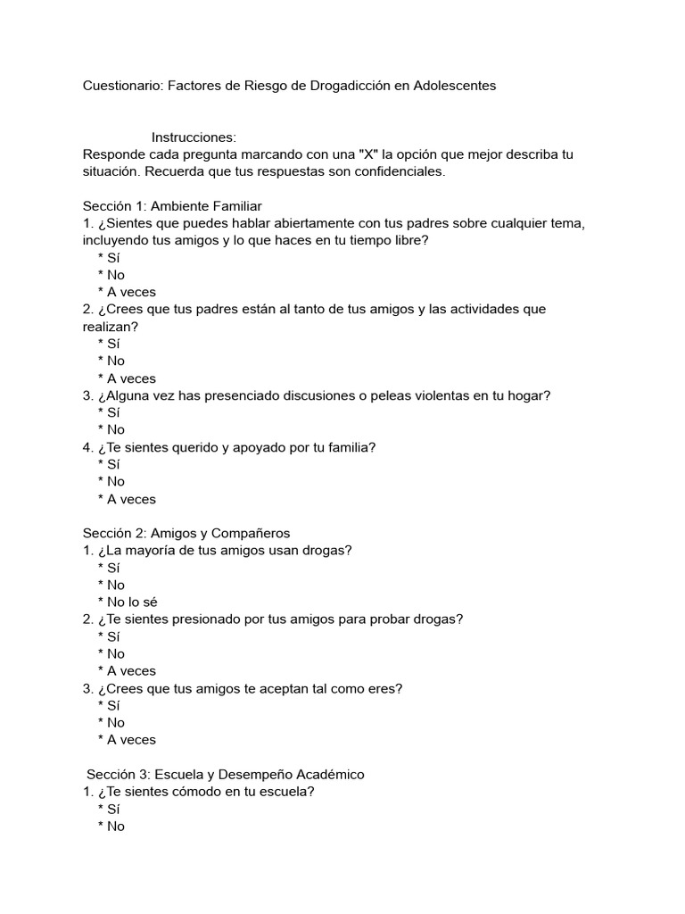 Cuestionario Para La Evaluación De Factores De Riesgo De Drogadicción