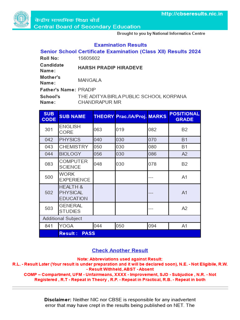 CBSE - Senior School Certificate Examination (Class XII) Results 2024 | PDF