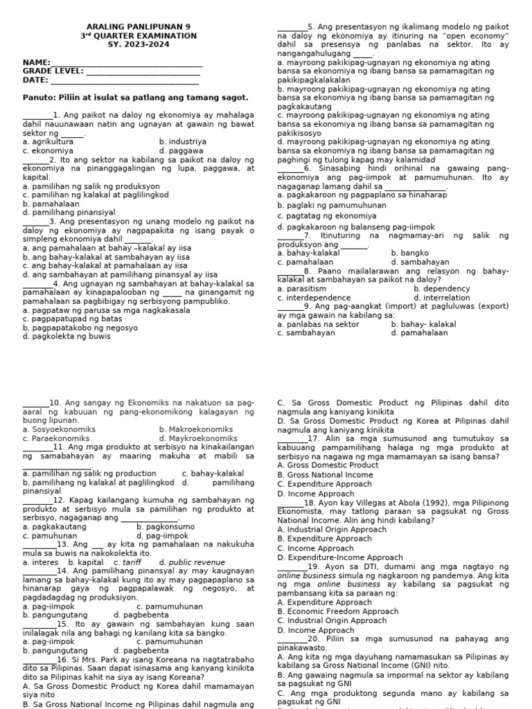 ARPAN 9 3rd Quarter Examination | PDF
