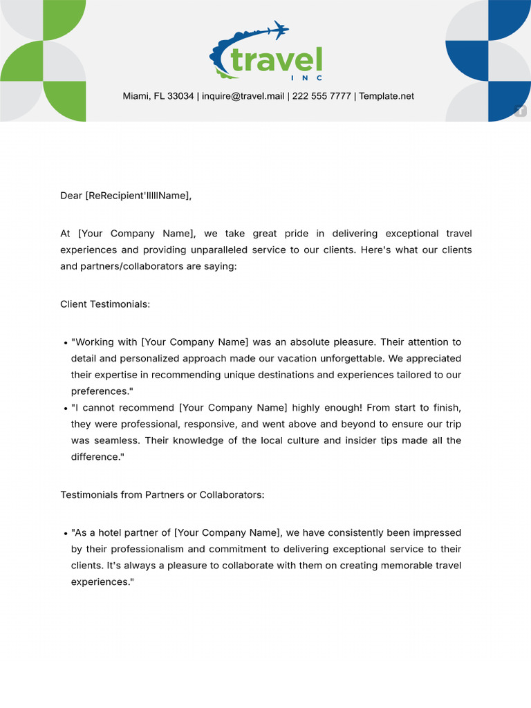 Free Travel Agency Recommendation Letter Template | PDF